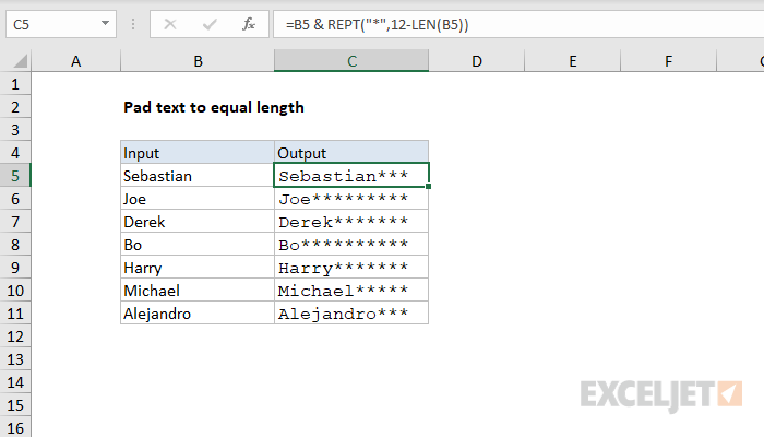 Excel Formula Pad Text To Equal Length Exceljet